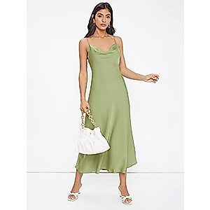 Floerns Women's Spaghetti Strap Cowl Neck Long Slip Satin Silk Midi Dress Green S