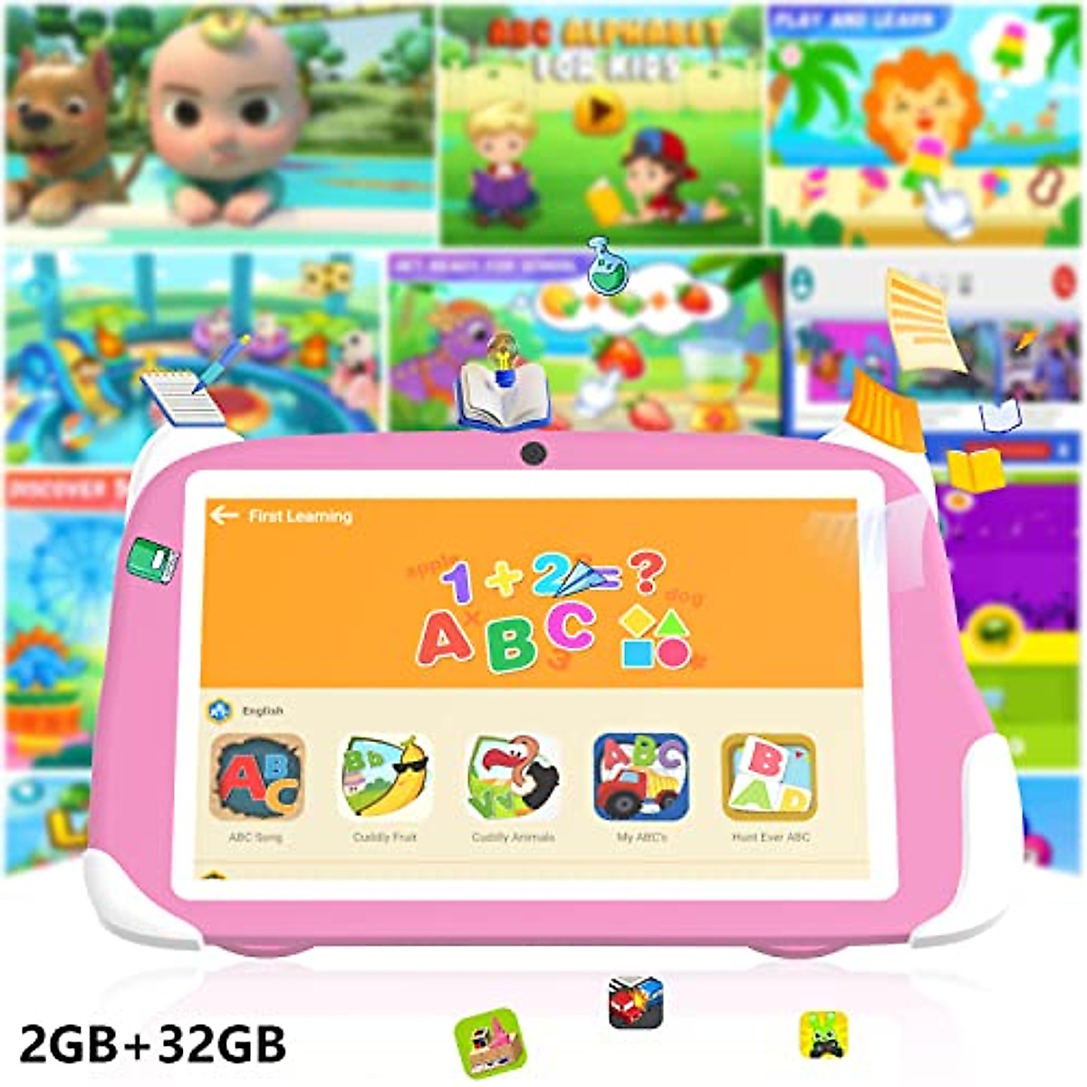 RUIQIAI Kids Tablet, 8 Inch Android 12 Tablet for Kids, 1280×800 IPS Touch Screen, 2GB+32GB+512GB Expand, WiFi, Parental Control, Dual Camera, Games, Bluetooth, Learning Tablet with case (Pink)