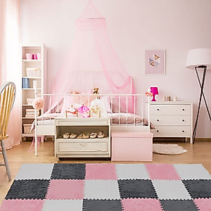 18 Pcs Plush Foam Floor Mat Square Interlocking Carpet Tiles with Border Fluffy Play Mat Floor Tiles Soft Climbing Area Rugs for Home Playroom Decor, 12 x 12 x 0.4 Inch (White, Pink, Gray)