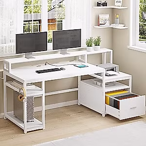 SEDETA White Computer Desk with File Drawer and Power Outlet, 66'' Home Office Desk with Drawer, Storage Shelves and Printer Shelf, Computer Table Study Writing Desk Workstation with Monitor Shelf
