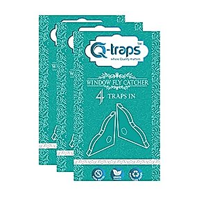 Qtraps Window Fly Traps | Disposable Indoor Fly Catchers w/Non-Toxic Sticky Glue & Decorative Blue Design | Fold Box & Place in Corner of Sill to Catch & Hide Flying Pests (12 Traps)