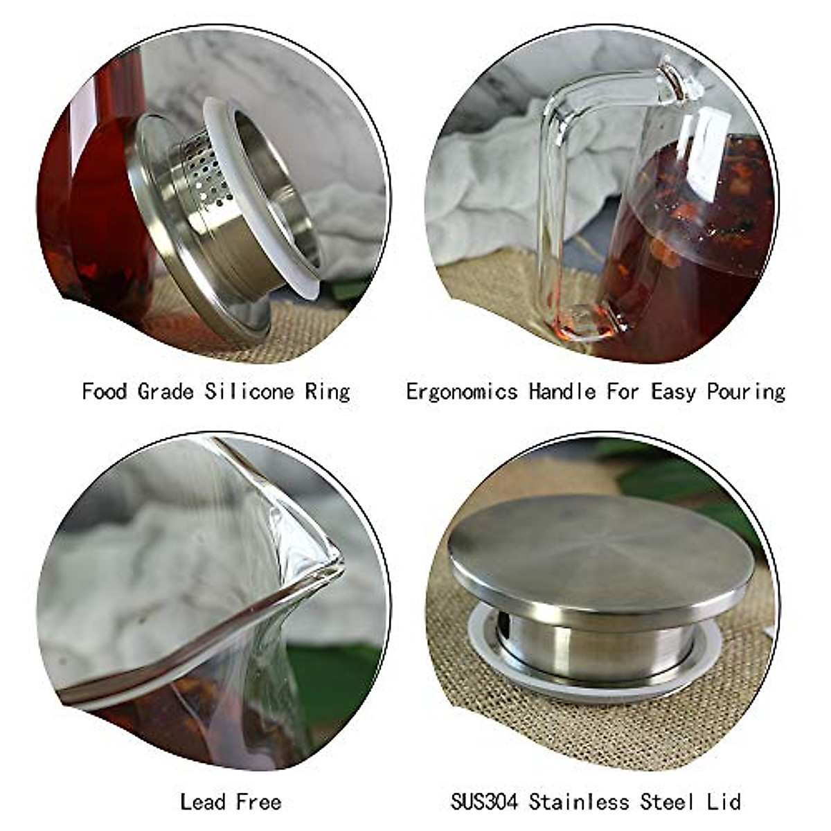 IDEALUX 50 Oz Glass Pitcher with Stainless Steel Lid and spout high heat resistant stove safe pitcher for hot/cold water and iced tea…