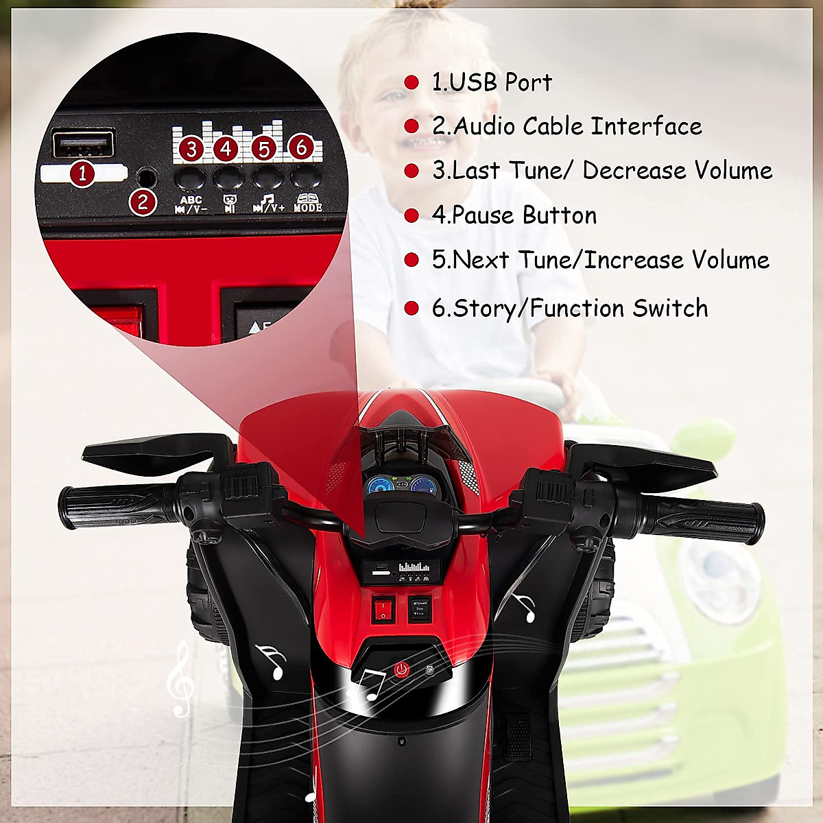 Costzon Kids ATV, 12V Battery Powered 6 Wheels Electric Vehicle w/ 4WD, Back Trunk, LED Lights, Music, Story, USB, Backrest, Treaded Tires, Ride on Car Quad for Boys & Girls Gift, Ride on ATV (Red)