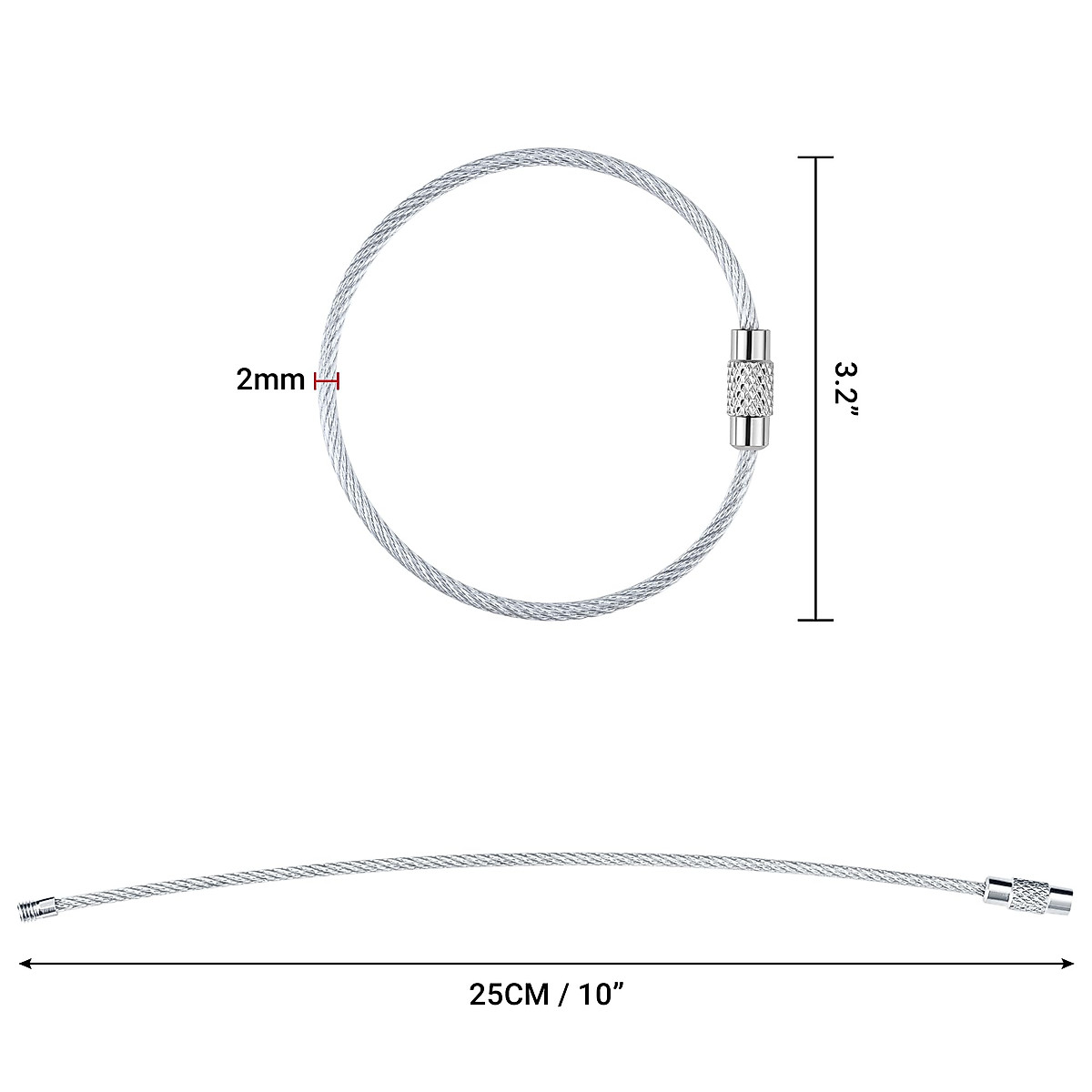10 Inch Wire Keychain Cable,Large Stainless Steel Key Ring Loop Holder,Nylon Coated Screw Lock Key Rings,2mm Heavy Duty,Pack of 20,Silver