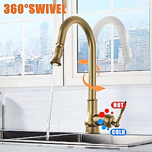 Single Handle Kitchen Faucet,Antique Copper One Hole Pull Out Pull Down Widespread Brass Faucet Body with Cold Hot Mixer Hoses