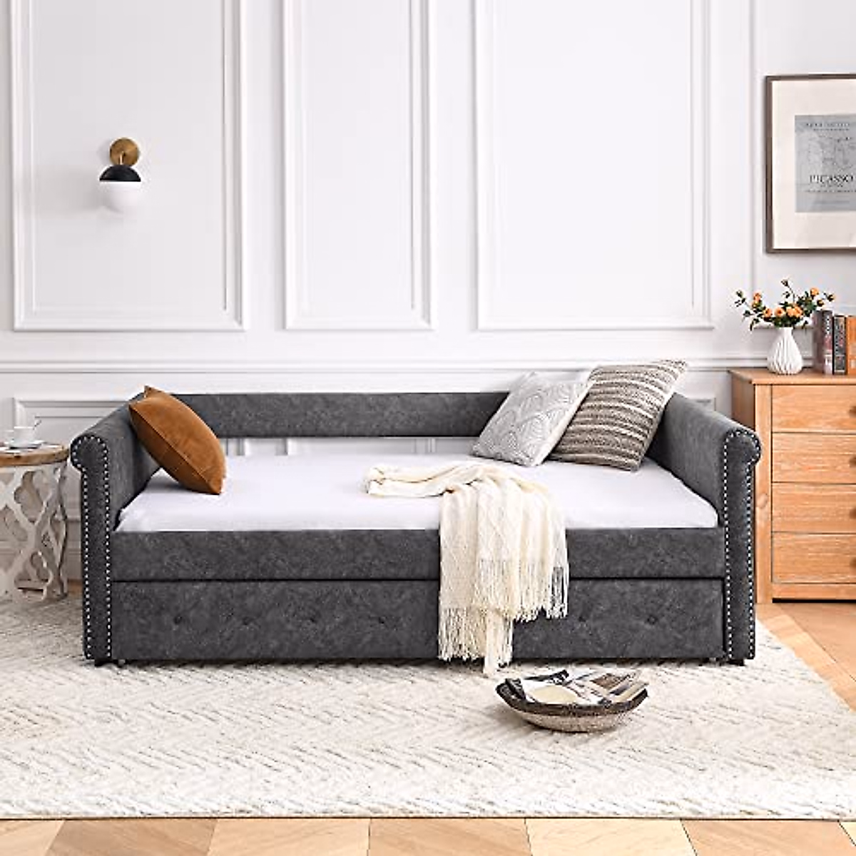 GLORHOME Full Daybed with Trundle Upholstered Tufted Sofa Bed with Button and Copper Nail on Arms,Gray