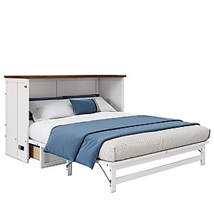 Wakefit Queen Murphy Bed Chest with Charging Station and Large Storage Drawer, Solid Pine Murphy Bedframe for Home Office Small Room, No Spring Box Needed, White+Brown