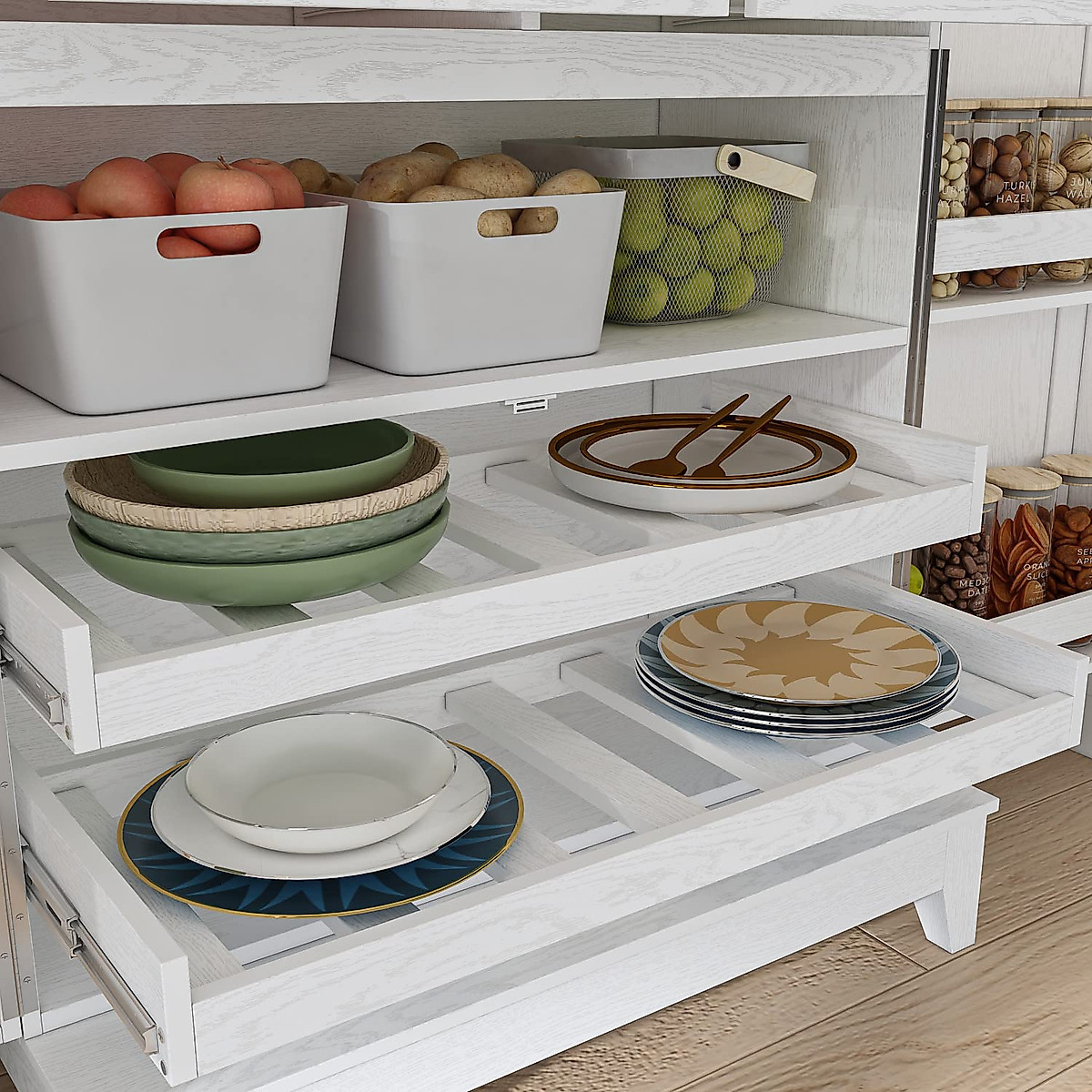 AIEGLE Kitchen Pantry Cabinet with Sliding Tray, 2 Door Freestanding Cupboard Storage Organizer with Drawers, Wine & Seasoning Rack, White 68.9" Tall