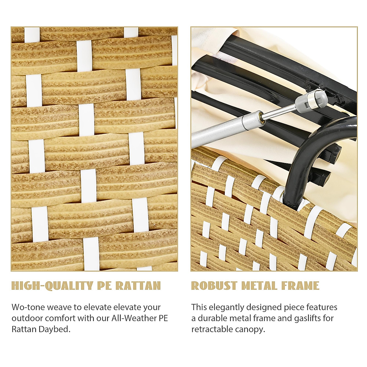 Merax Patio Furniture Round Outdoor Sectional Sofa Set, Rattan Daybed Two-Tone Weave Sunbed with Retractable Canopy, Separate Seating and Removable Cushion, Beige