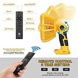YEX-BUR Outdoor Camping Fan with LED Lantern Powered by Dewalt 14.4V-20V Li-ion Battery Rechargeable USB Portable Handheld Fan with IR Remote, 90° Oscillating, 3 Speeds, 3 Modes, 4H Timer