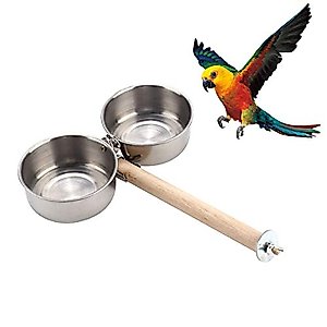 Bird Wood Stand Perch with Food Water Feeding Bowl for Parrot Parakeet Cockatiel Cage Accessories (B: Perch with 2 Feeder Bowls)