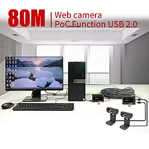 Basicolor USB Extender 262ft(80m) Kit with 4 USB 2.0 Hub, USB Over Ethernet Cat5e/6/7 Extension, USB RJ45 Extender Support All Operating System, Plug&Play, Two Web Cameras Work Synchronously.