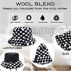 Campsis Winter Faux Bucket Hat Black Checkerboard Wool Fluffy Plush Bucket Hat Thick Fuzzy Fisherman Hat Skiing Cycling Camping Hiking for Women and Girls