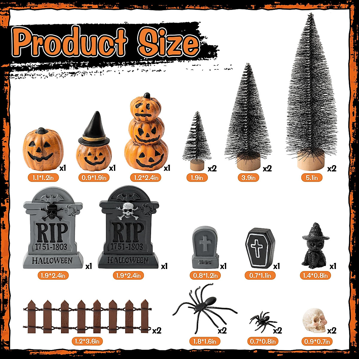W1cwey Halloween Village Scene Ornaments Accessories, Set of Pumpkin, Tombstones, Skeletons, Spiders, Black Cat, Pine Trees, Resin Miniature Garden Scene Decor for Halloween Party