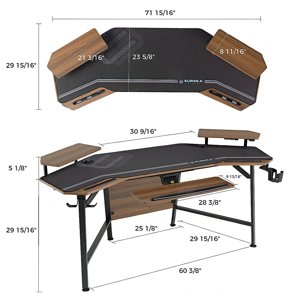 EUREKA ERGONOMIC 72" Computer Desk W Keyboard Tray, Wing-Shaped Music Studio Desk, Large Gaming Desk W LED Convertible Monitor Stand Dual Headphone Hanger for Recording Live Streamer, Walnut Wood