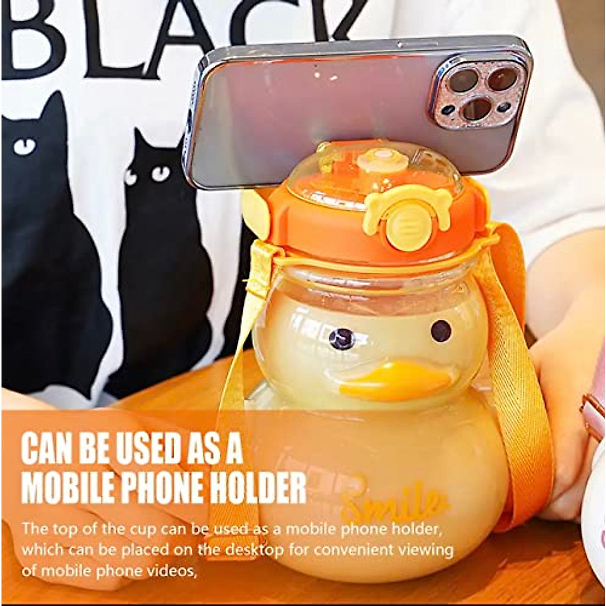 Duck-Shape school Water Bottle with Straw, Funny theme kids Drinking Bottle with One Click Open Lid, BPA Free Cute Water Bottles for Girls boys, School, picnics Outdoors (Pink)