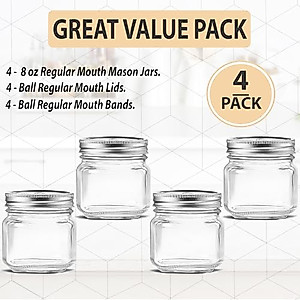 Regular Mouth Mason Jars 8 oz - (4 Pack) - Regular Mouth 8-Ounces Mason Jars With Ball Airtight lids and Bands - For Canning, Fermenting, Pickling, Freezing - Glass jar, Microwave & Dishwasher Safe