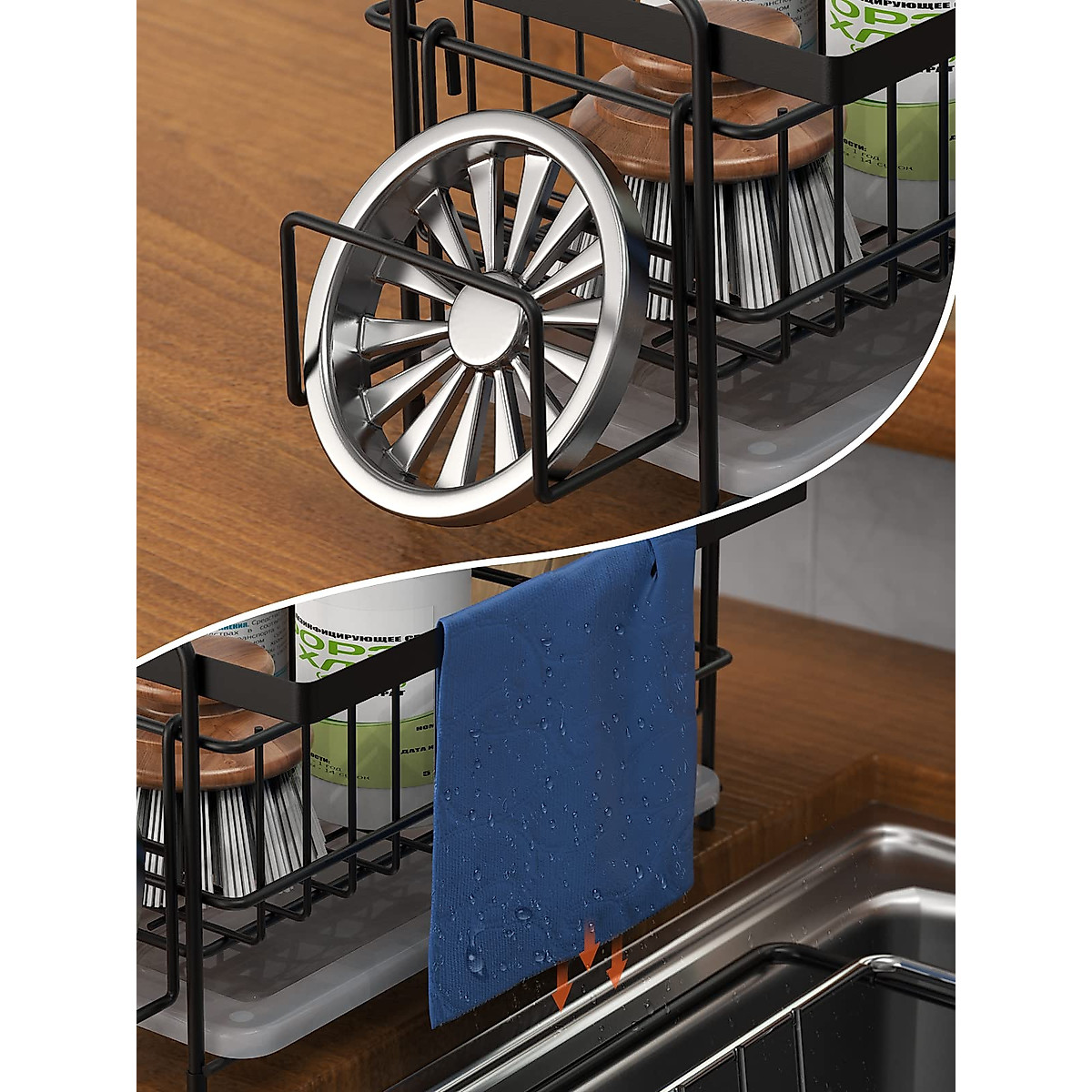 FixOwl Sink Caddy Kitchen Sink Organizer Sponge Holder for Kitchen Sink Non-Slip Countertop Organizer SUS304 with Removable Tray, Black