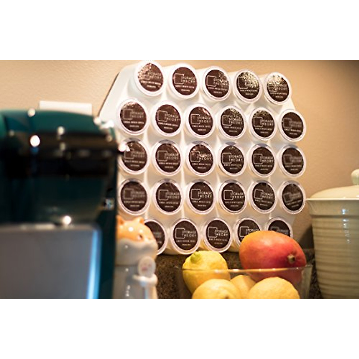 Storage Theory Peel and Stick Plastic Cafe Wall Caddy White - Kcups Holder Wall Mount with 28 Capacity Single Serve Coffee or Tea Pod Wall Display