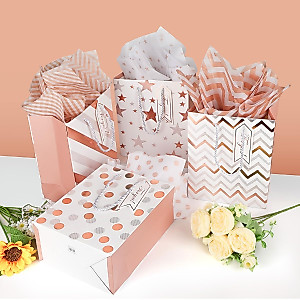 Dimetey 12pcs 9" Gift Bags, Medium Size Paper Bags with Tissue Paper, White Gold Wrap Paper Gift Bags with Handles for Shopping Party Wedding Baby Shower Holiday Presents (Rose Gold)