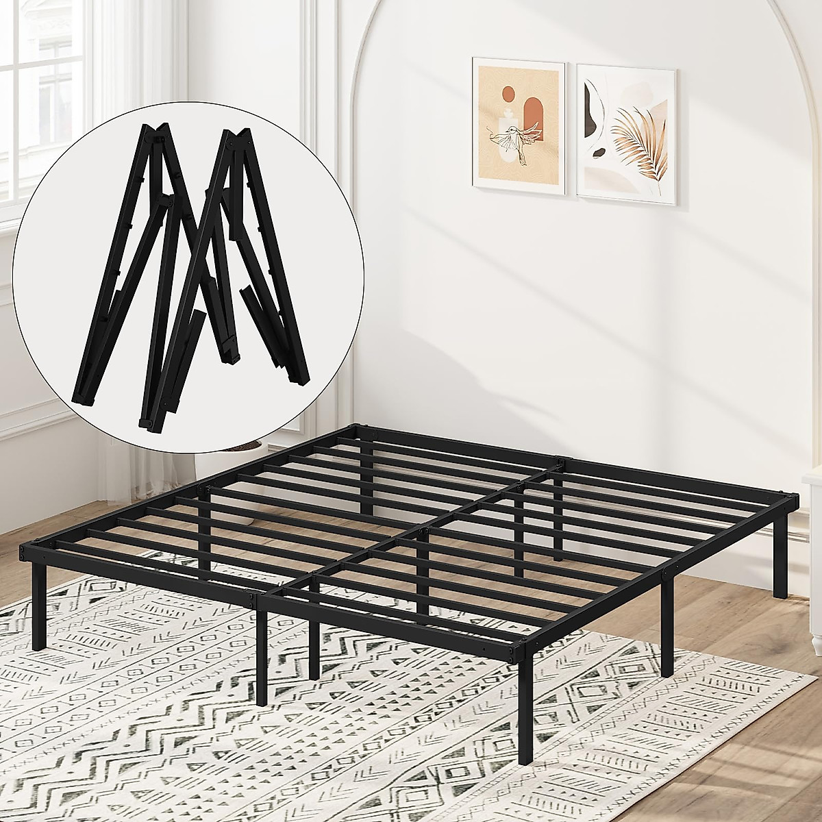 Flolinda Foldable King Bed Frame Metal Platform Bed 10 Minutes Quick Assembly Steel Slats 11 Feet Support No Box Spring Needed 14inch Black