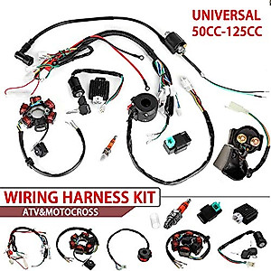 Quad Wire Harness Complete Electrics Stator Coil CDI Wiring Harness Solenoid Relay Spark Plug for 4 Wheelers Stroke ATV 50cc 70cc 90cc 110cc 125cc Pit Quad Dirt Buggy Bike Go Kart Parts