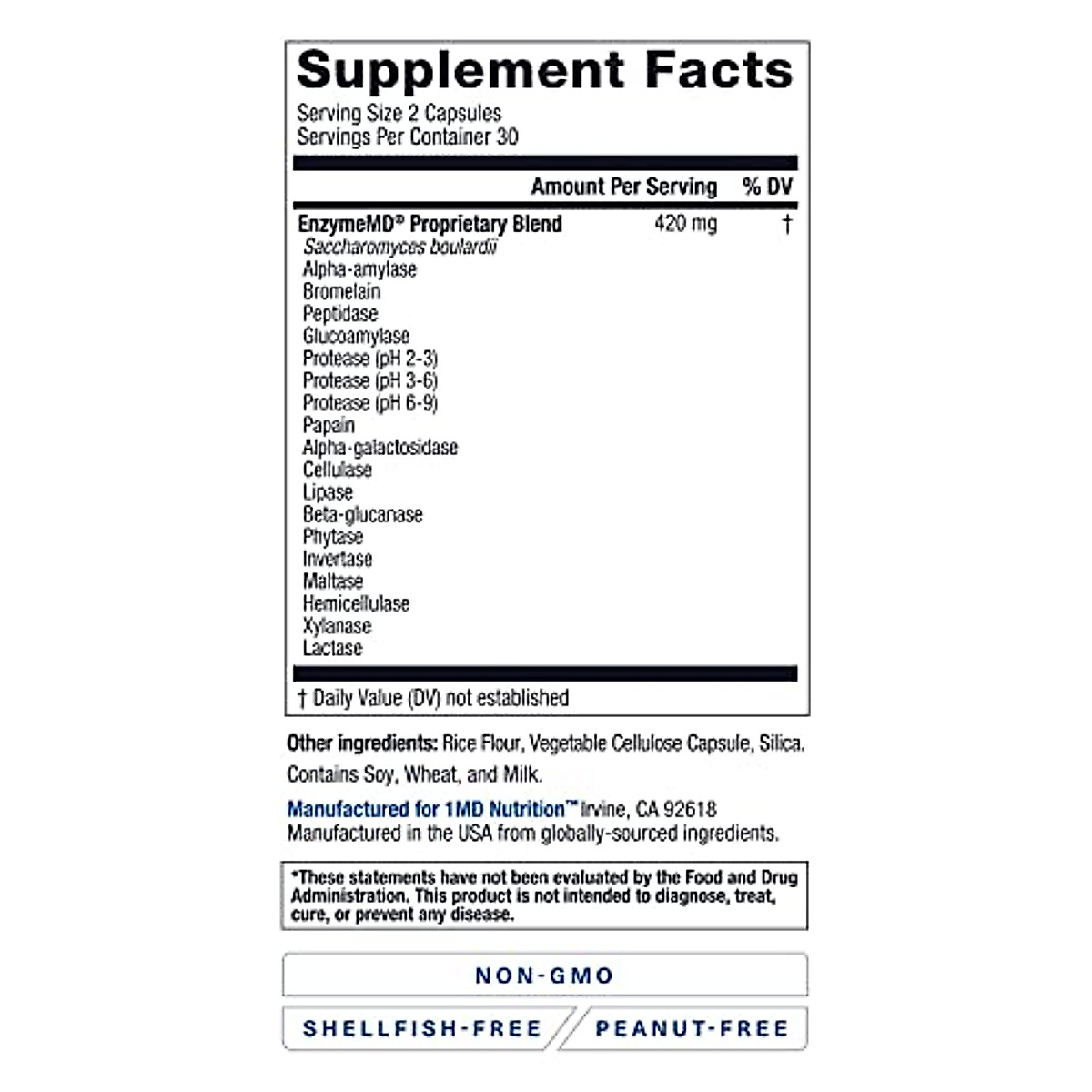 1MD Nutrition EnzymeMD - Digestive Enzymes Supplement - Doctor Formulated | 18 Plant-Based Enzymes - Gas & Bloating Support | 60 Capsules