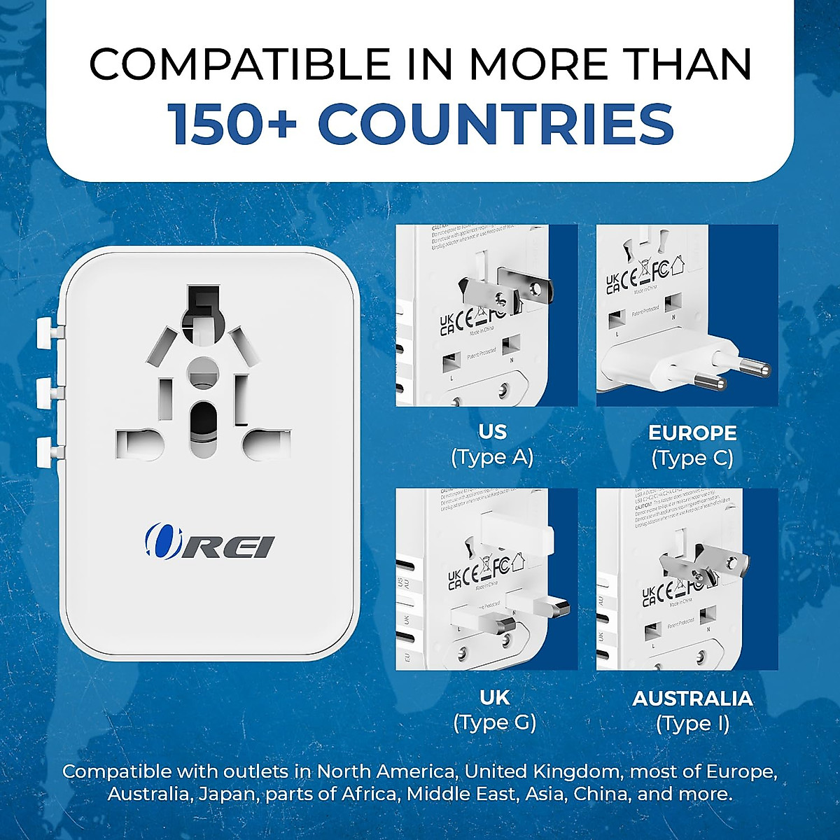 OREI 25Watt Universal Travel Adapter | 2 (USB C) 1 (USB A) 4-in-1 Universal Power Adapter | | Type C, A, G, I Compatible | Universal Chargers for All Devices compatible 150+ Countries