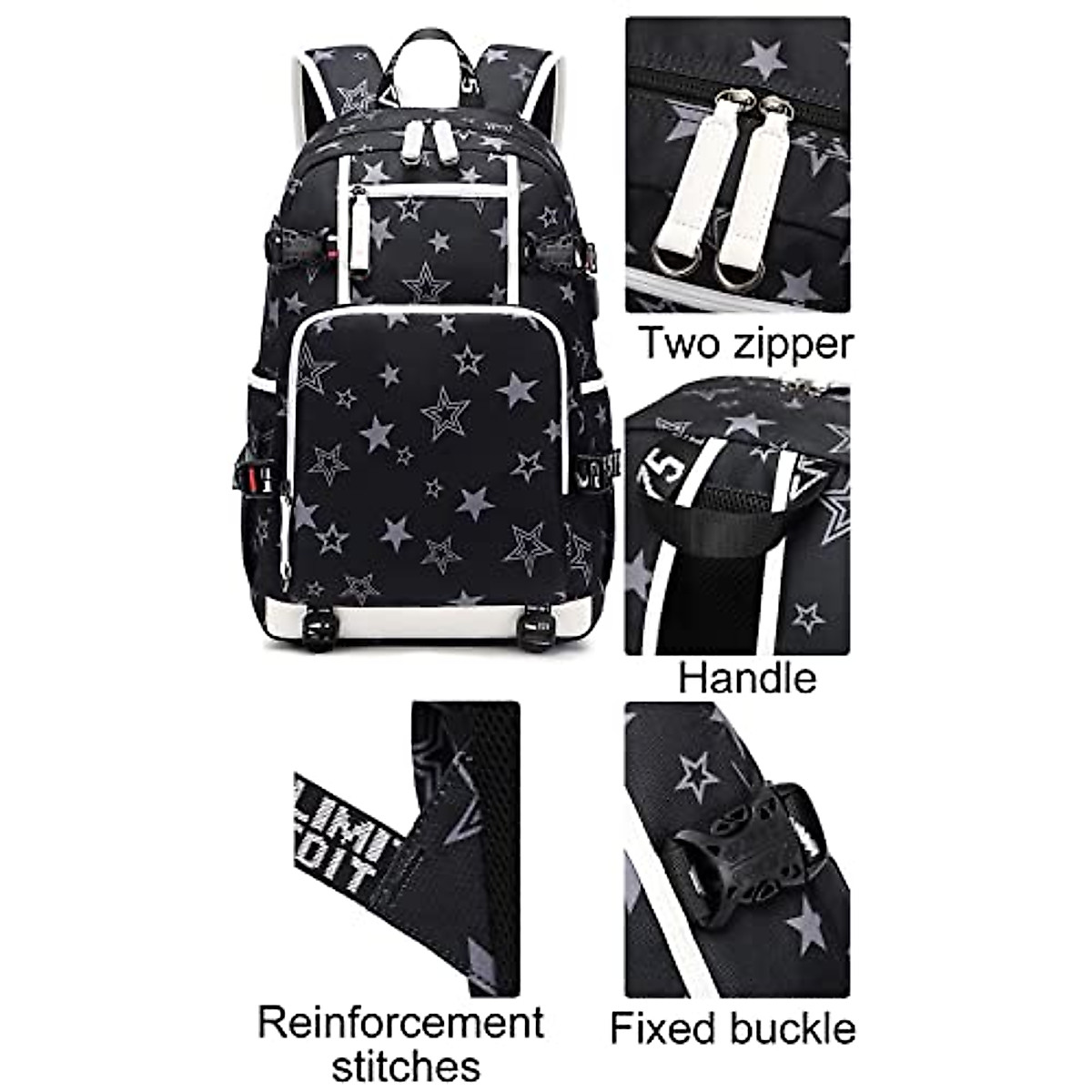 JiaYou Boys Junior Middle School Backpack Men USB High Middle School Laptop Bag Stars Pattern Casual Daypack(Color E,22 Liters)
