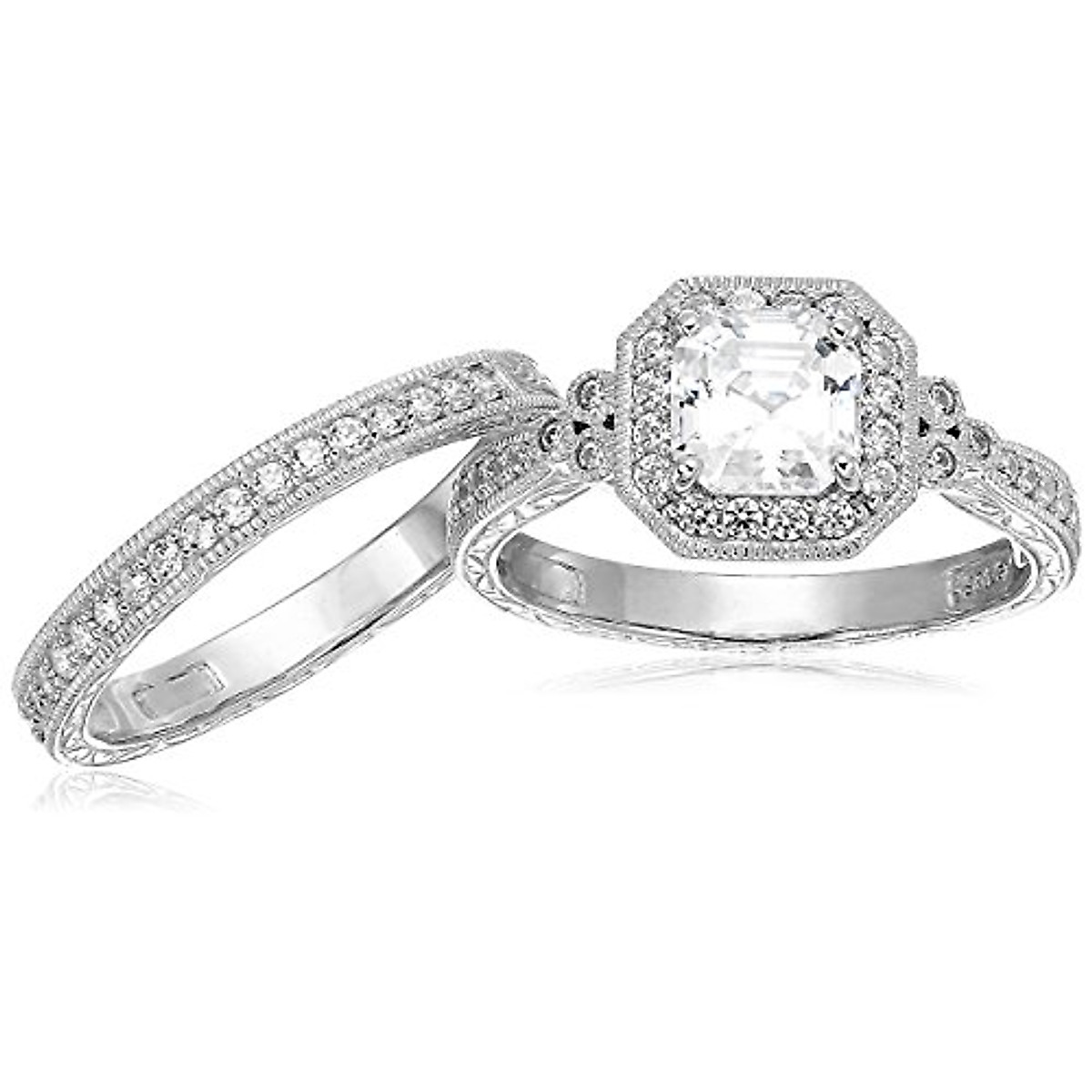 Amazon Essentials Platinum Plated Sterling Silver Infinite Elements Cubic Zirconia Asscher Antique Ring, Size 9 (previously Amazon Collection)