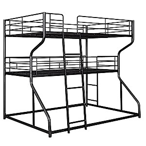 POCIYIHOME Full Over Twin Over Queen Size Triple Bunk Bed with 2 Ladders, Metal Low Bed Frame with Full-Length Guardrail for Kids Teens Girls Boys Bedroom, Space-Saving, No Box Spring Needed, Black