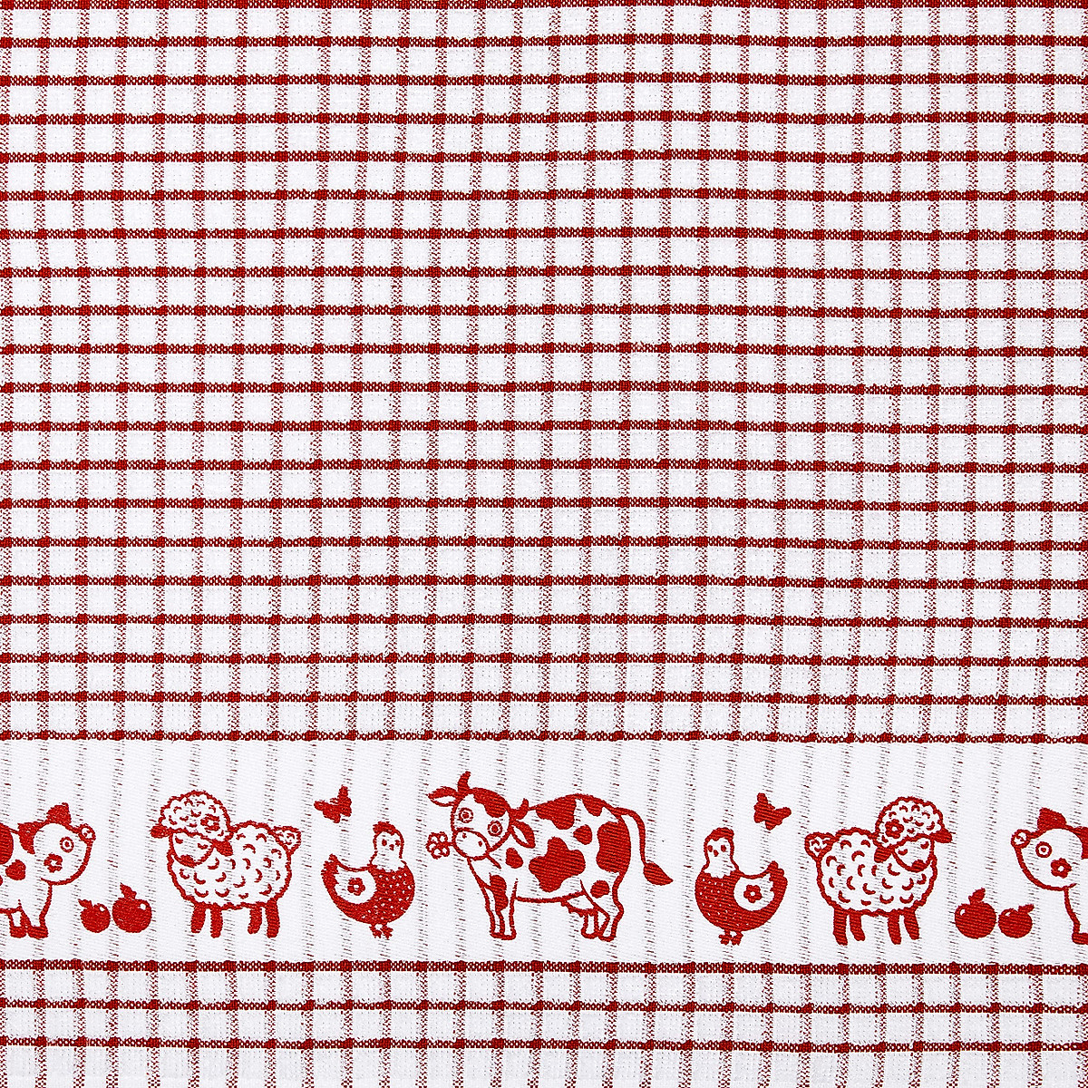 Cackleberry Home Barnyard Animals Windowpane Check Cotton Terrycloth Kitchen Towels, Set of 4 (Red)