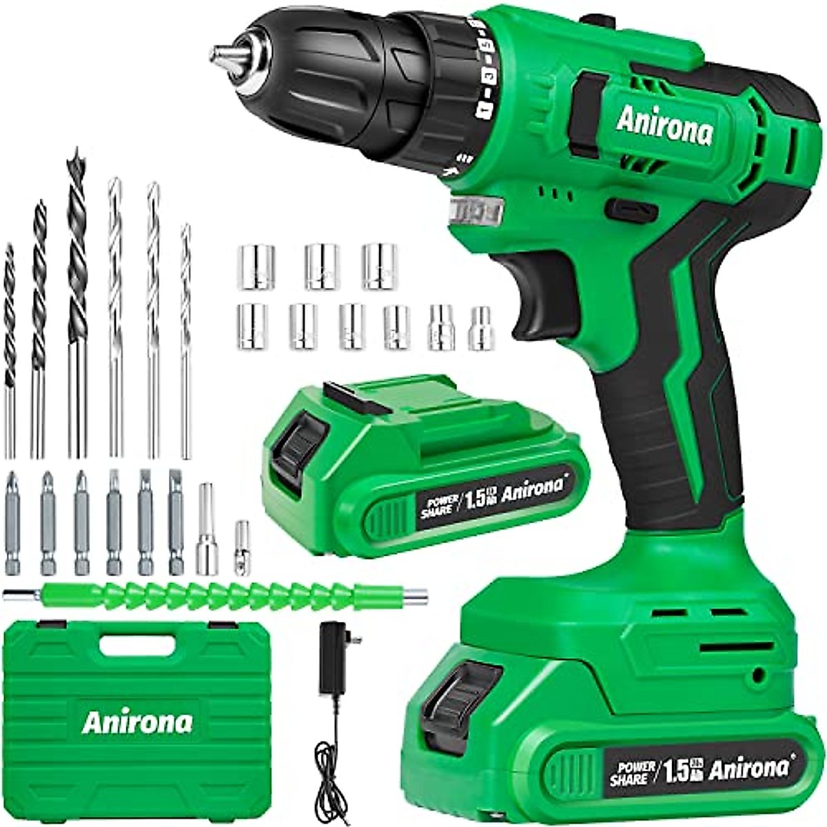 Anirona 20V Cordless Drill Set, 350 In-lb Power Drill Kit with Battery and Charger, 3/8″Keyless Chuck, 2 Variable Speed, 23+1 Position, 30pcs Bits Accessories with Storage Case