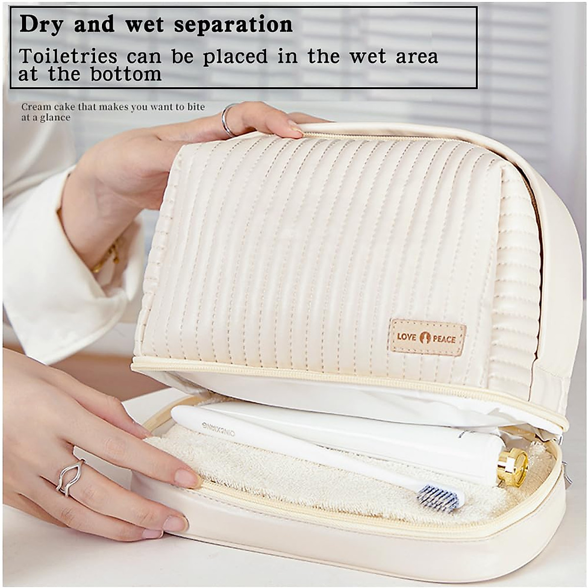 Cute Cosmetic Bag Makeup Bag Set of 3 Travel Toiletry Bag Women Cosmetic Bag Organizer Waterproof Leather Cosmetic Bag Set With Handle Zipper Cosmetic Bag On-the-Go Cosmetic Bag(Off-white color)