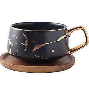 Coffeezone Luxury Golden Marble 10.5 Oz Matte Ceramic Latte Coffee Tea Cups with Wood Saucers (Black, Cup & Saucer)