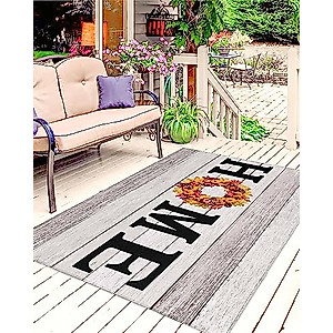 Outdoor Area Rug for Patio,Fall Thanksgiving Home Word Maple Leaf Wreath Camping Rugs Indoor Large Floor Mat 4x6ft,Sunflower Retro Wood Grain Outside Carpet for Deck RV Picnic Porch Backyard Bedroom