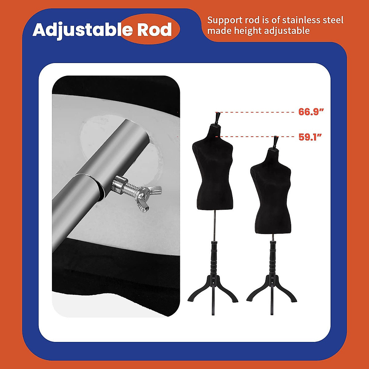 PayLessHere Female Mannequin Torso Sewing Mannequin Dress Form Mannequin Body 53-67 Inch Adjustable Dress Mannequin with Stand Wood Base for Sewing Counter Window Display (Black, 53-67 Inches)