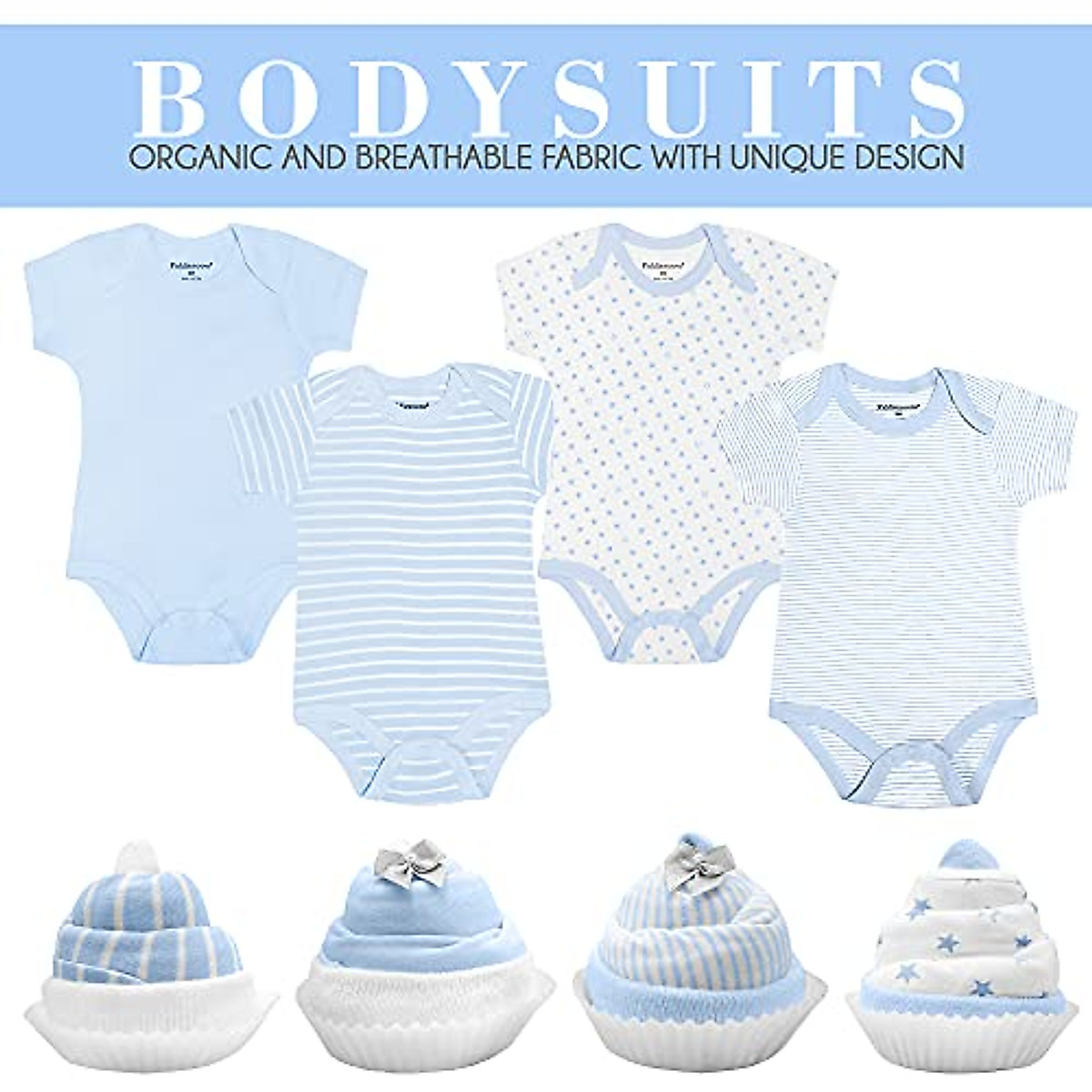 Peek A Baby Gift Blue Baby Boys Onesies Cupcake Gift Set – Baby Shower Cupcake and Lollipop Gift Set | Newborn Bodysuits Onesies Gift Set, 7 Piece Set
