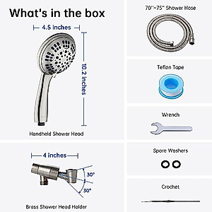 G-Promise High Pressure Shower Head 6 Spray Setting Hand Held Shower Heads with Adjustable Solid Brass Shower Arm Mount Extra Long Flexible Stainless Steel Hose(Brushed Nickel)