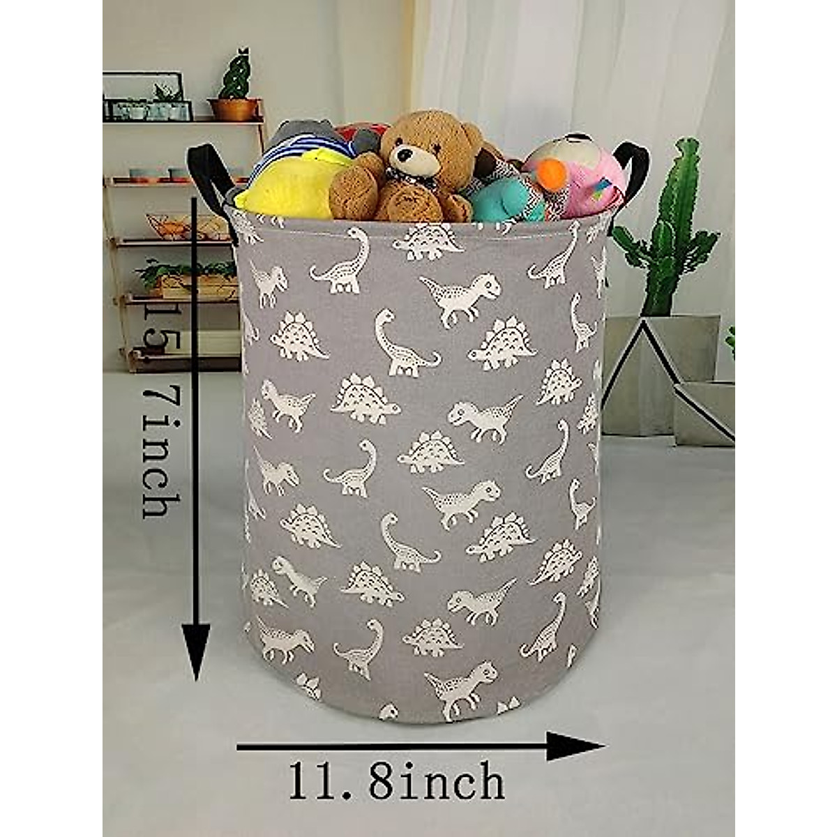 ACMUUNI Durable Canvas Large Clothes Basket Laundry Hamper with Handles,Waterproof Cotton Storage Organizer Perfect for Kids Boys Girls Toys Room, Bedroom, Nursery,Home,Gift Basket(Grey Dinosaur)