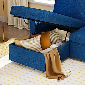 VanAcc Sofa Bed, Sleeper Sofa with Storage Chaise- 2 in 1 Pull Out Couch Sofa for Home Office, Living Room, Comfy Sofa Sleeper, Blue Linen Couch