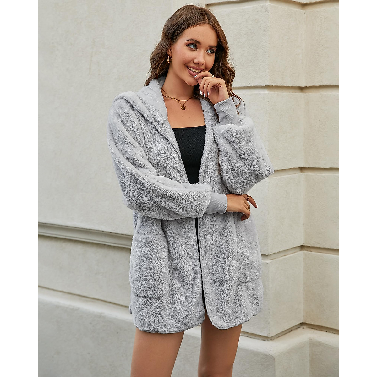 LookbookStore Women 2024 Winter Coats for Women Teddy Jackets Cozy Sweater Fluffy Jackets Women Fuzzy Oversized Cardigan Hooded Coatigan Light Grey Hooded Cardigan Trendy Bed Jacket Size L Size 12 14