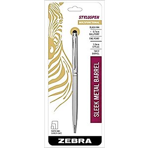 Zebra Pen StylusPen Twist Retractable Ballpoint Pen, Fine Point, 0.7mm, Black Ink, Silver Barrel, 1-Count