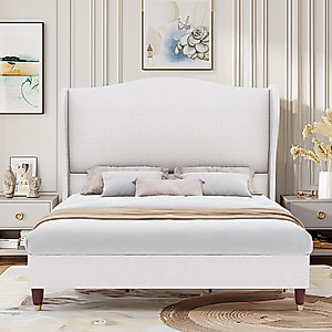 HALLYBEE 51.4" H King Size Bed Frame with Headboard Lined Fabric Upholstered Platform Bed Frame Wingback Design Chic and Elegant Bed Frame No Box Spring Needed, Mattress Foundation, White