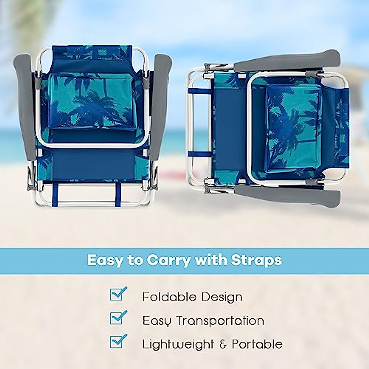 Goplus Backpack Beach Chairs, 3 Pcs Portable Camping Chairs with Cool Bag and Cup Holder, 5-Position Outdoor Reclining Chairs for Sunbathing, Fishing, Travelling (Light Blue, with Side Table)