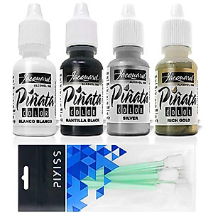 Jacquard Pinata Alcohol Inks 4 Pack Bundle, Blanco, Silver, Rich Gold, Mantilla Black and 10x Pixiss Ink Blending Tools