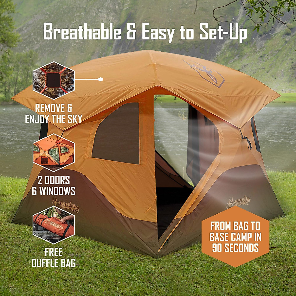 Gazelle T4 Extra Large 2 Door 4 Person Instant Portable Pop Up Outdoor Camping Hub Tent with Removable Floor and Rain Fly, Easy Setup, Orange