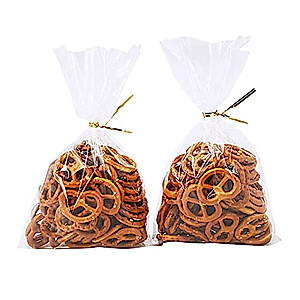 Wowfit 100 CT 6” x 10” Clear Flat Cellophane Treat Bags with 6” Gold Twist Ties, Cello Packaging for Gift Wrapping, Decorations, and Food Storage