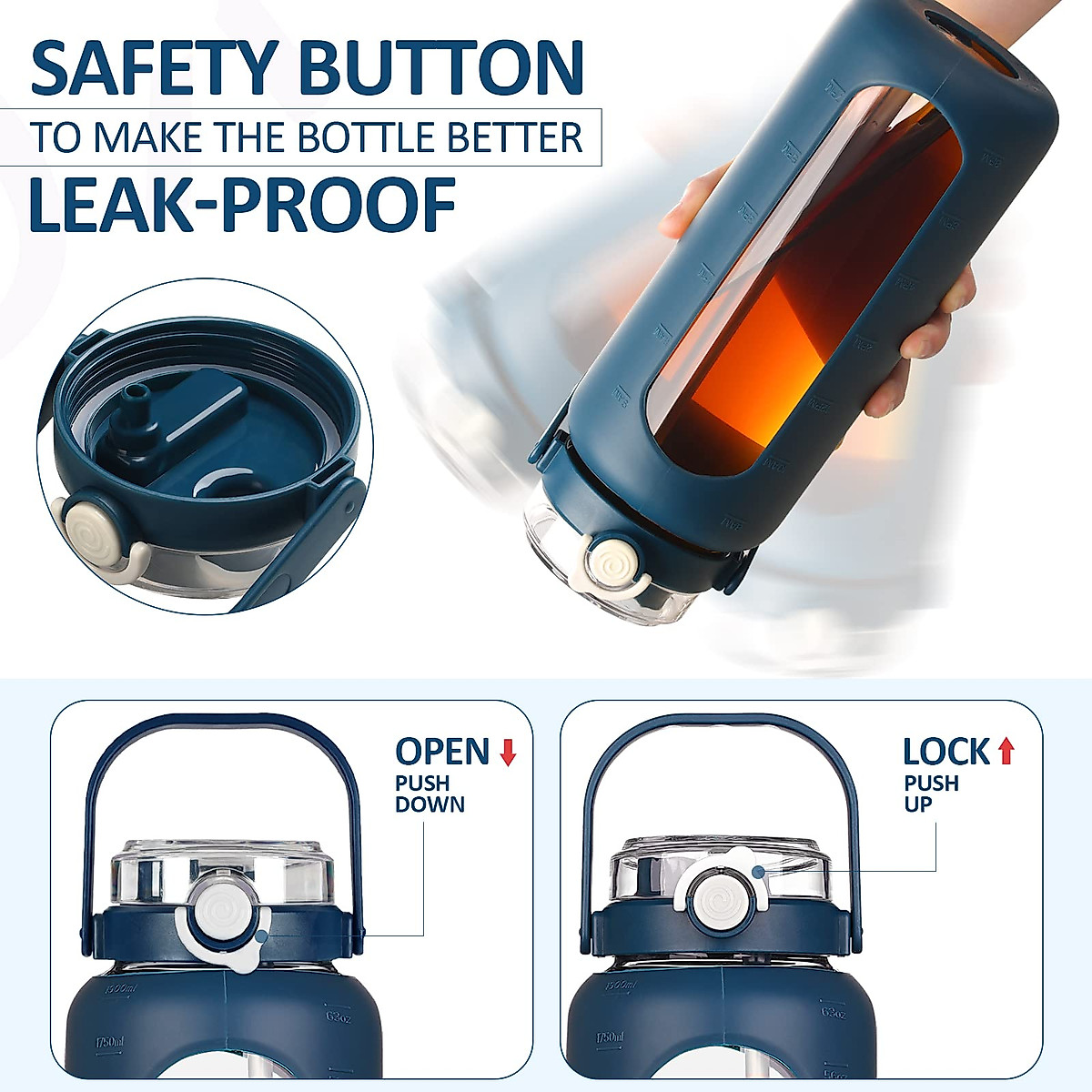 BLUEGO 64oz Glass Water Bottles with Straw Time Marker Half Gallon Large Motivational Water Bottle with Silicone Sleeve 2 Liter Large Glass Water Jug for Gym, Sports& Workout, Daily, Dark Blue