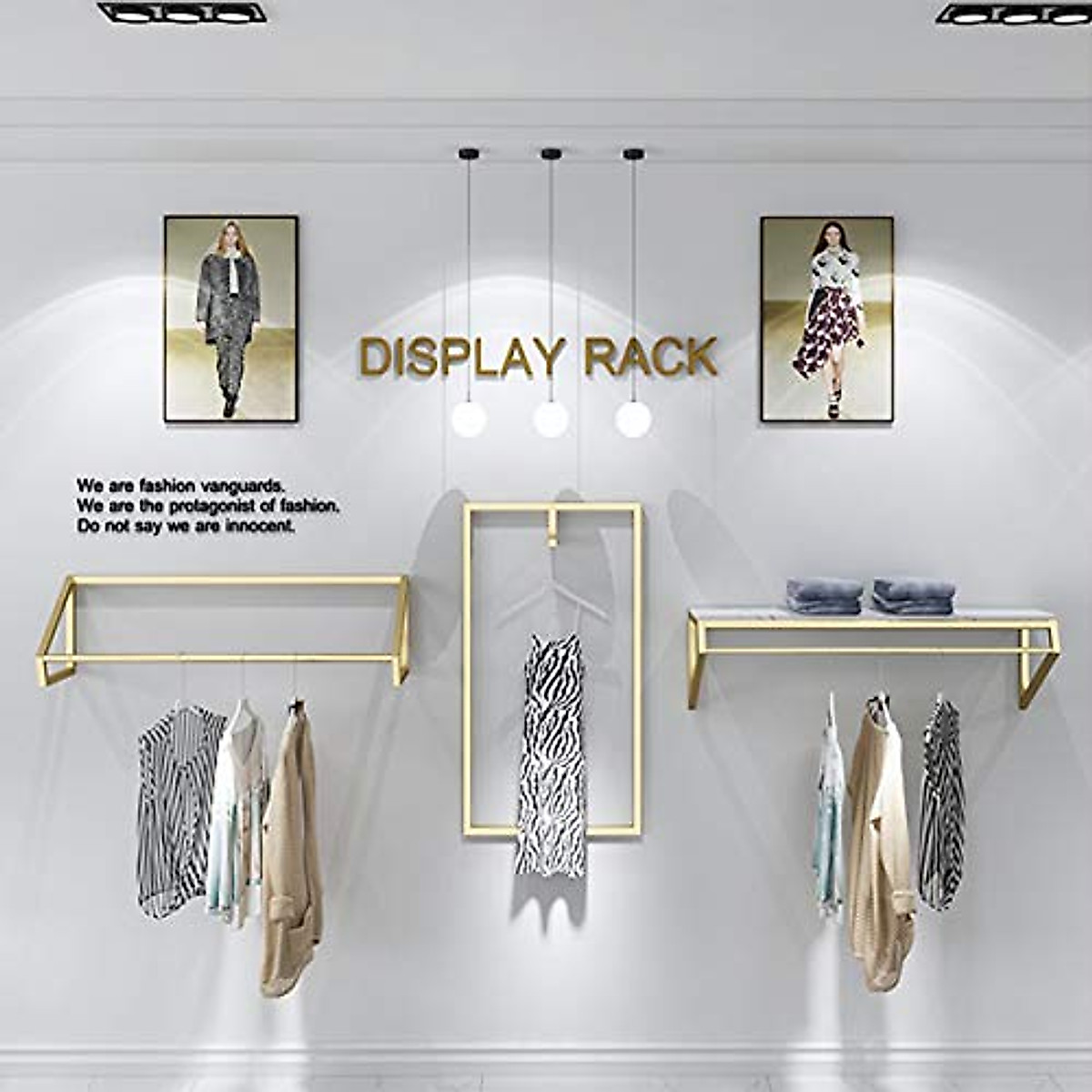 FURVOKIA Modern Simple Men's and Women's Clothing Store Heavy Duty Metal Display Stand,Wall-Mounted Garment Rack,Clothes Rail,Bathroom Hanging Towel Rack (Gold Square Tube, C)